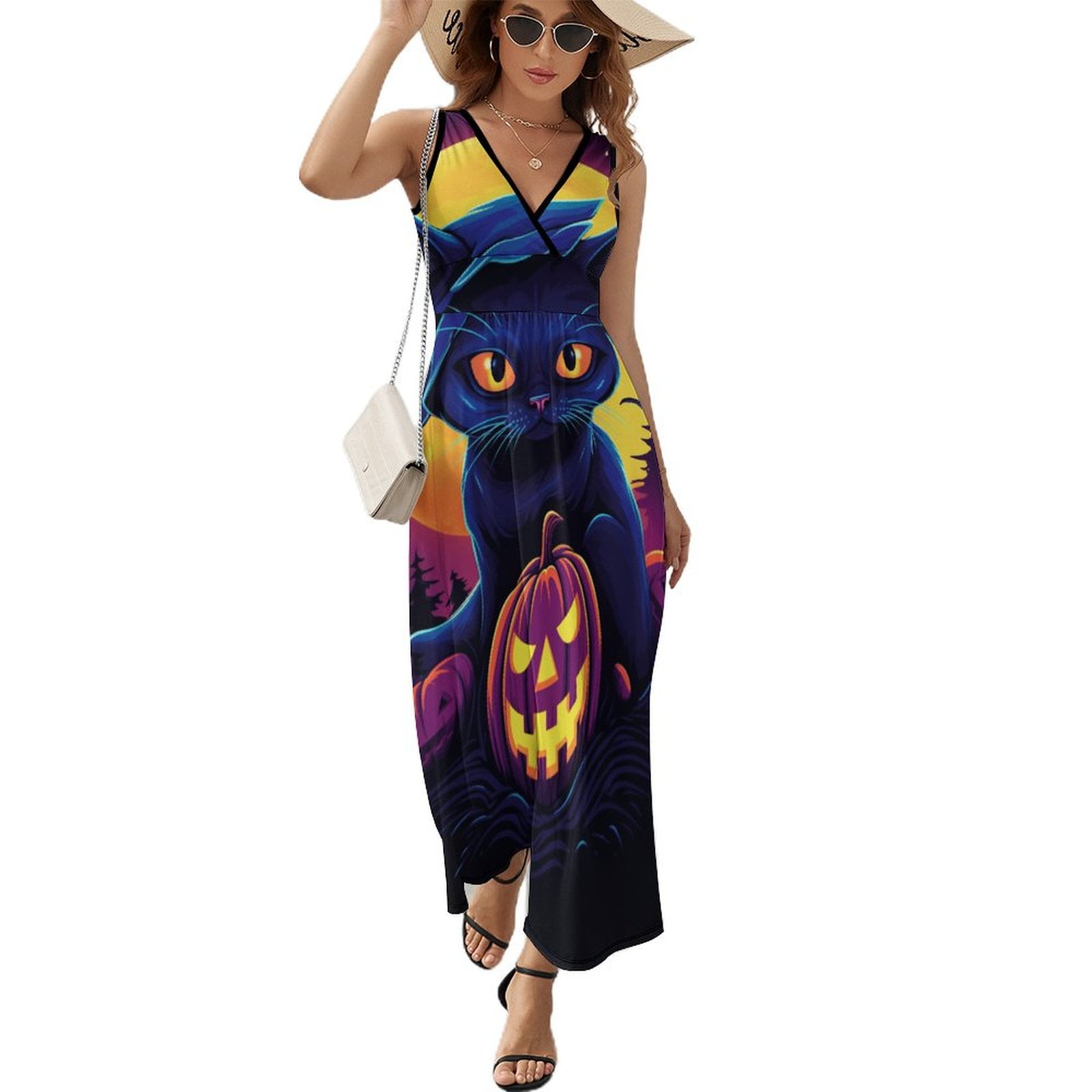 Halloween Scary Night Full Moon Sleeveless Dress Woman Fashion Long ...