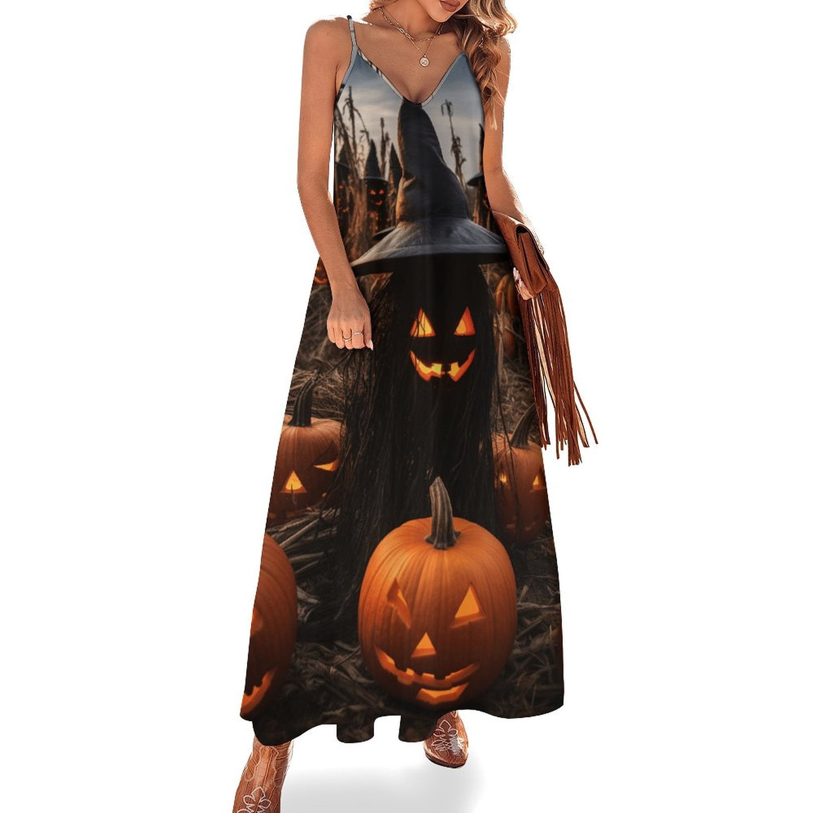 Halloween Scary Night Full Moon Sleeveless Dress Woman Fashion Long ...