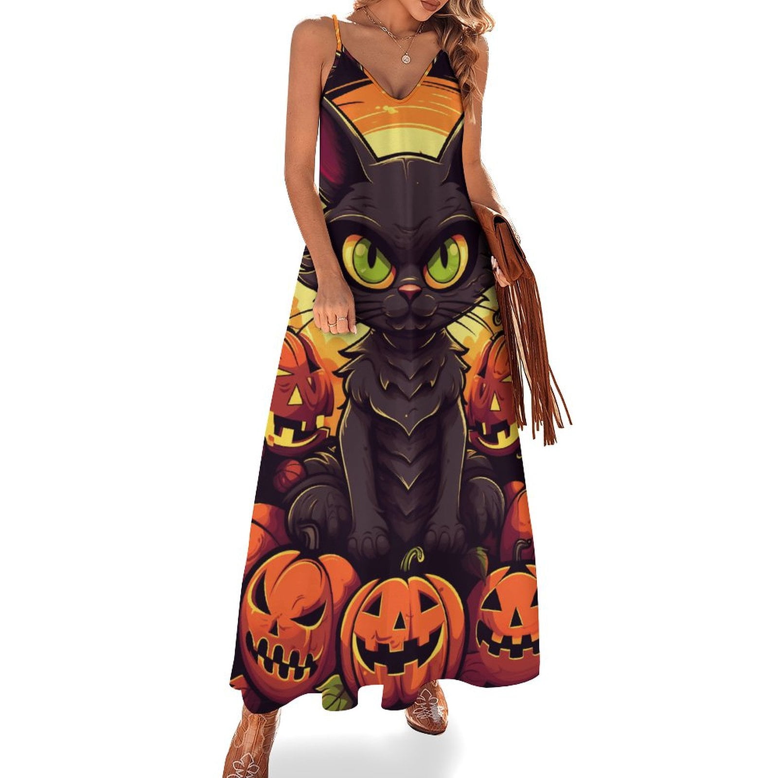 Halloween Scary Night Full Moon Sleeveless Dress Woman Fashion Long ...