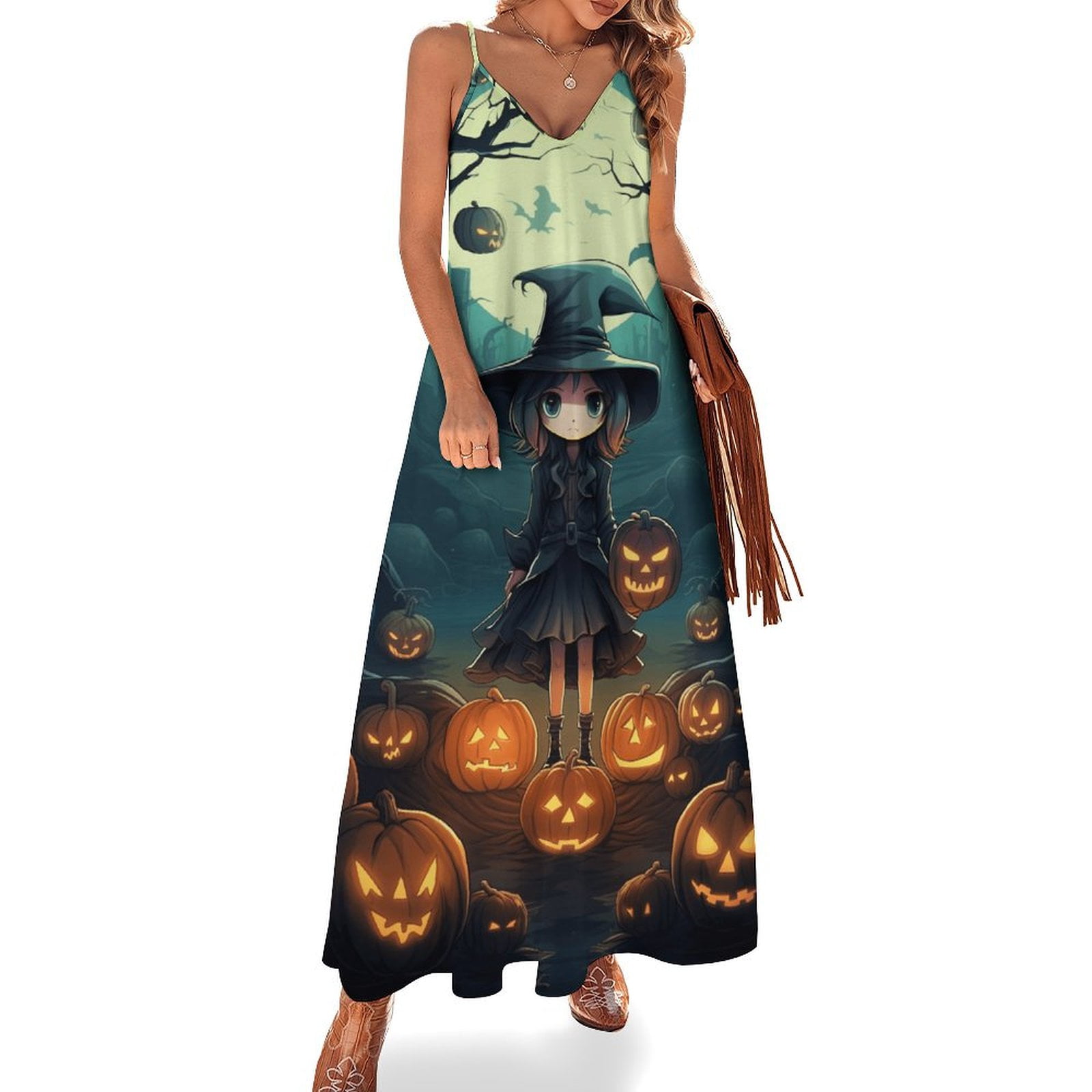 Halloween Scary Night Full Moon Sleeveless Dress Woman Fashion Long ...