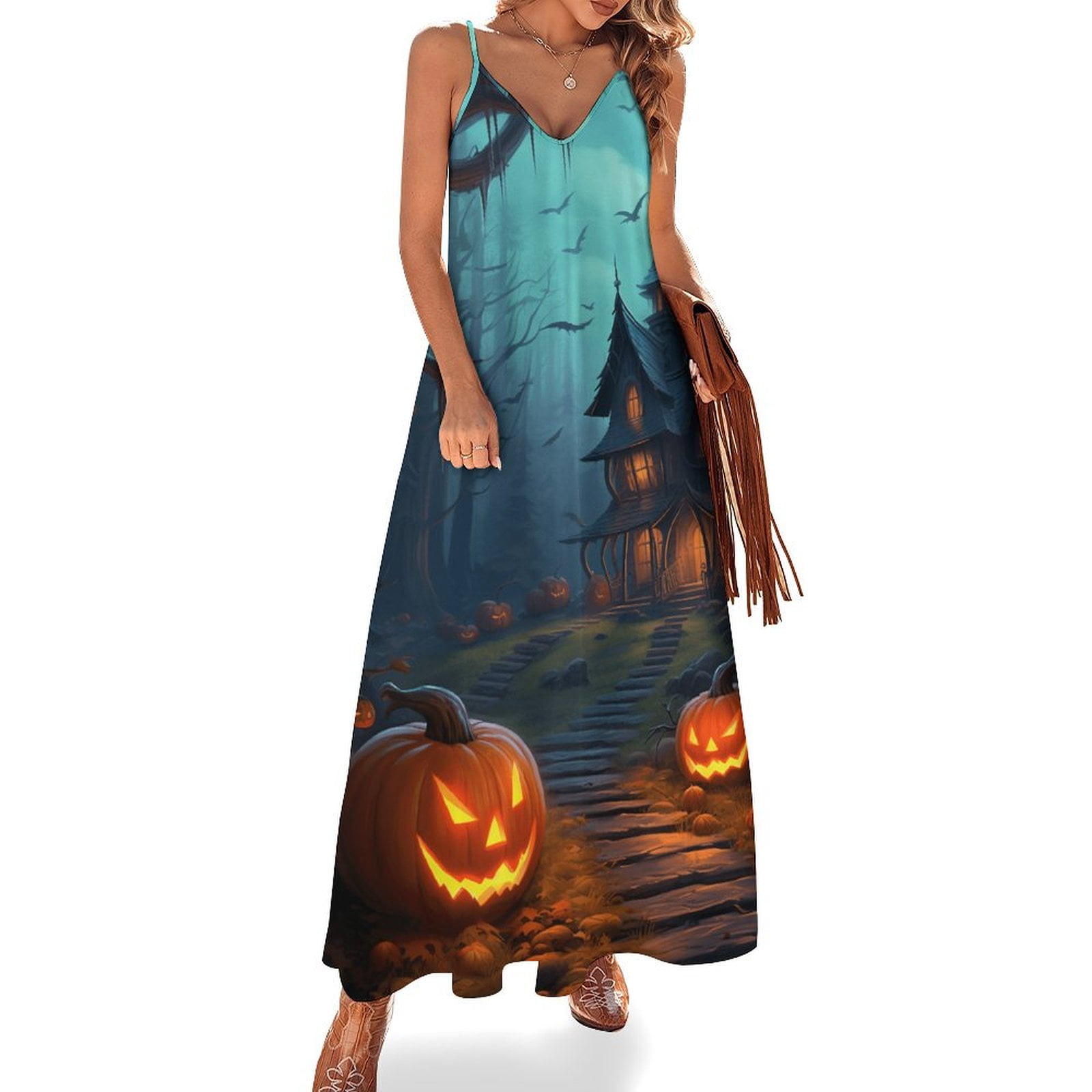 Halloween Scary Night Full Moon Sleeveless Dress Woman Fashion Long ...