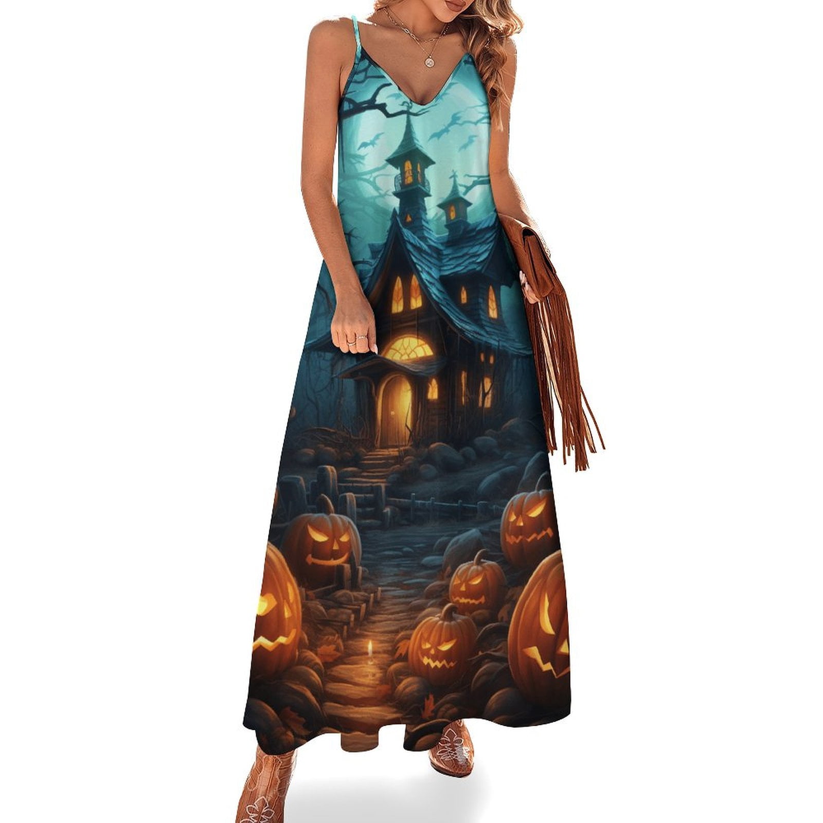 Halloween Scary Night Full Moon Sleeveless Dress Woman Fashion Long ...