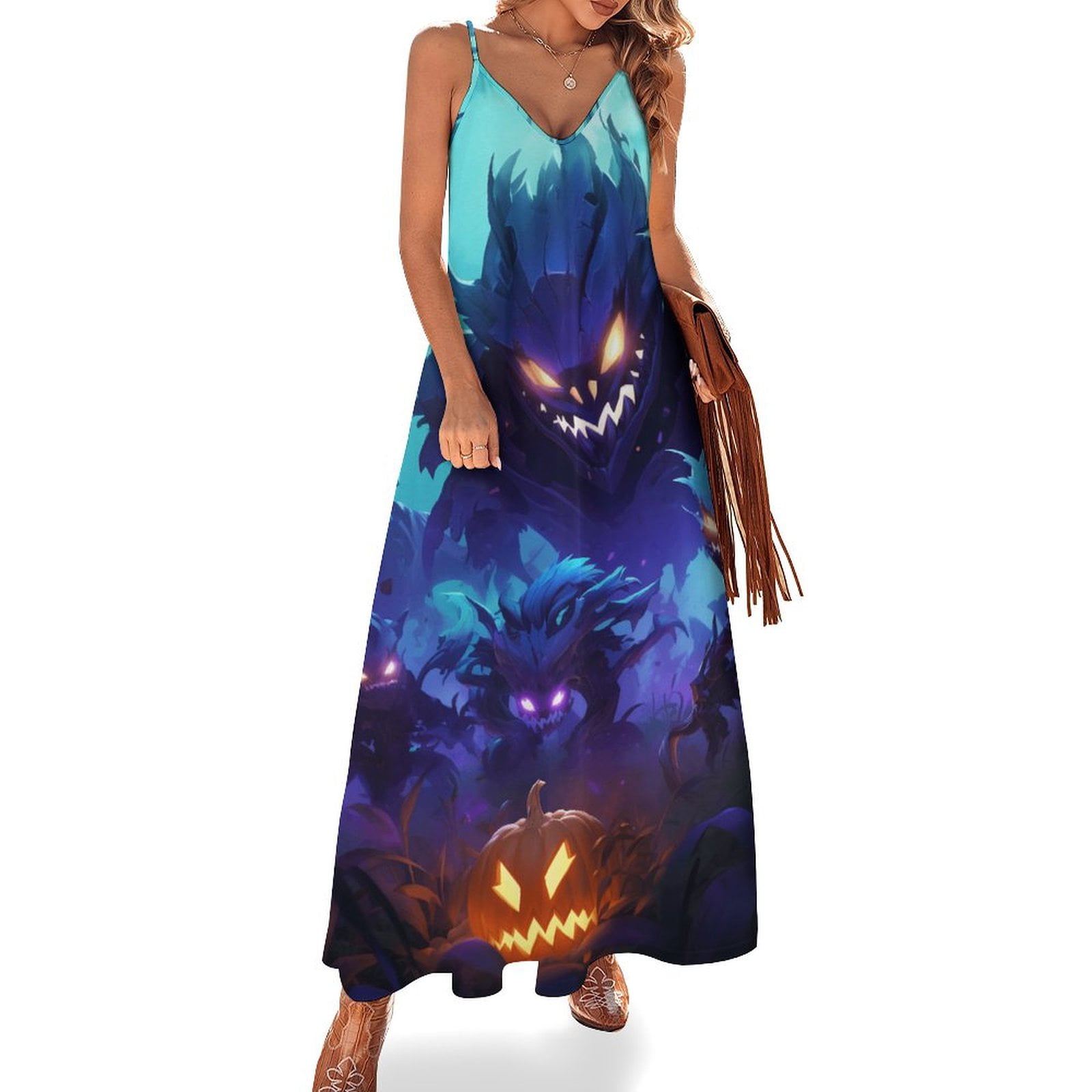 Halloween Scary Night Full Moon Sleeveless Dress Woman Fashion Long ...