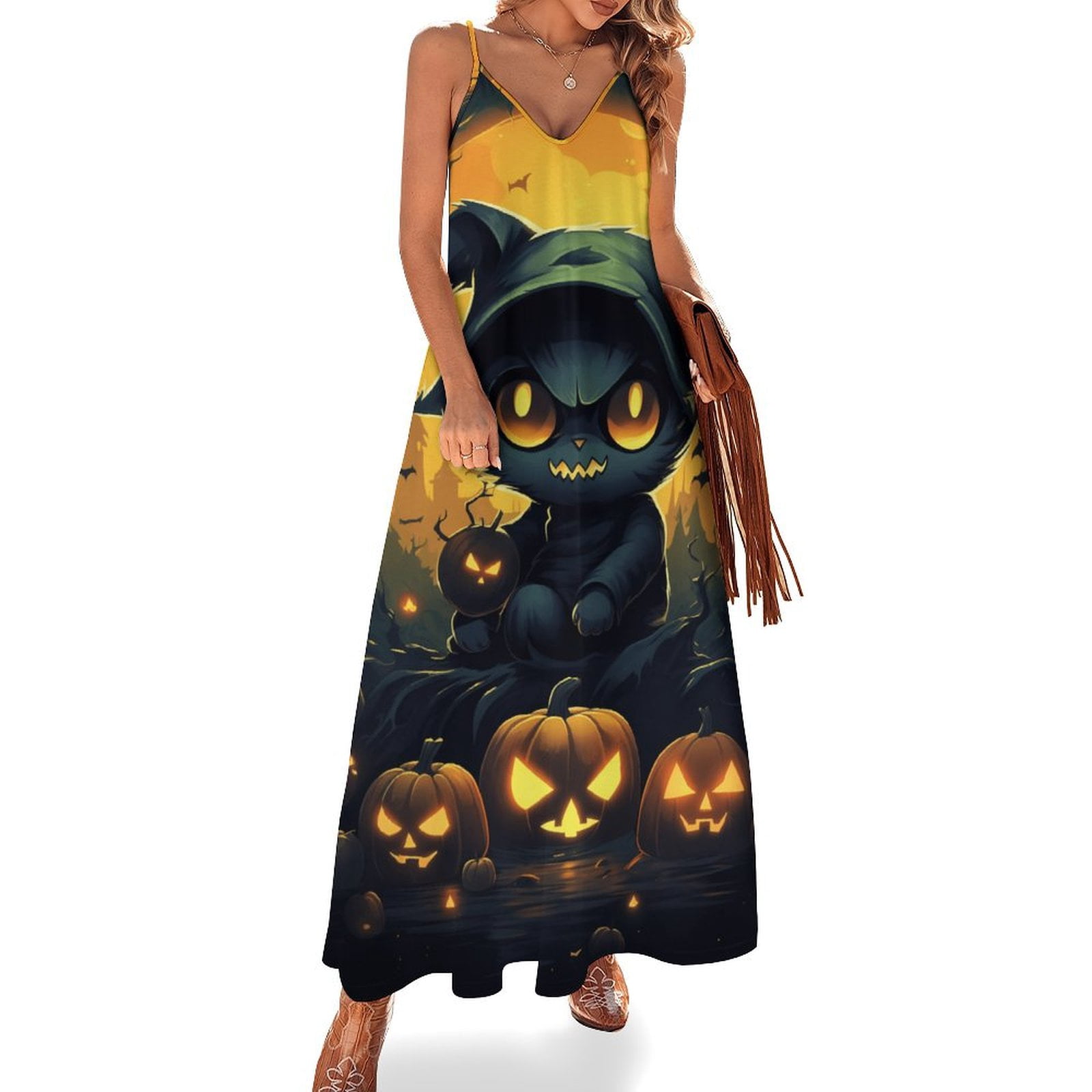 Halloween Scary Night Full Moon Sleeveless Dress Woman Fashion Long ...