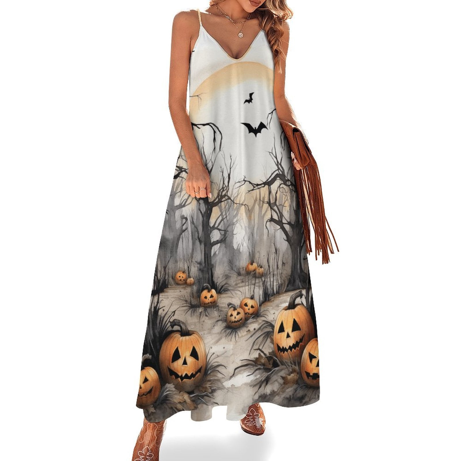 Halloween Scary Night Full Moon Sleeveless Dress Woman Fashion Long ...