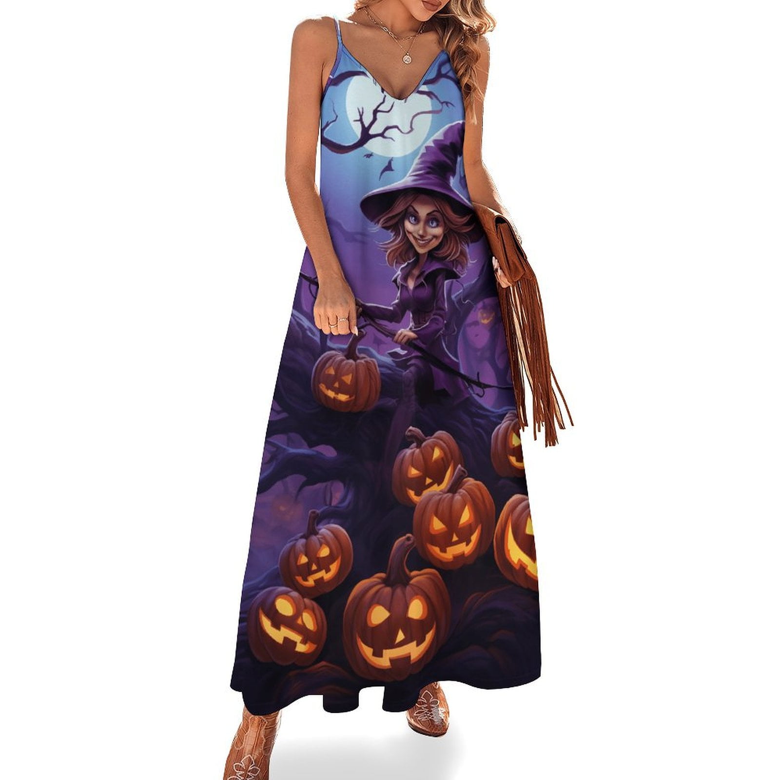 Halloween Scary Night Full Moon Sleeveless Dress Women's Luxury Party ...
