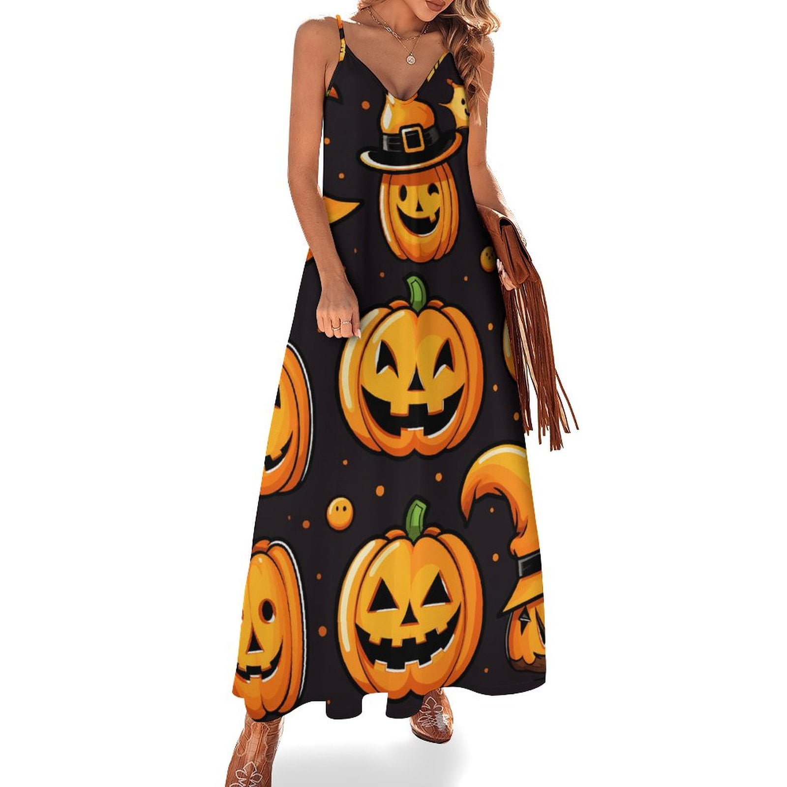 Halloween Scary Night Full Moon Sleeveless Dress Women's Luxury Party ...