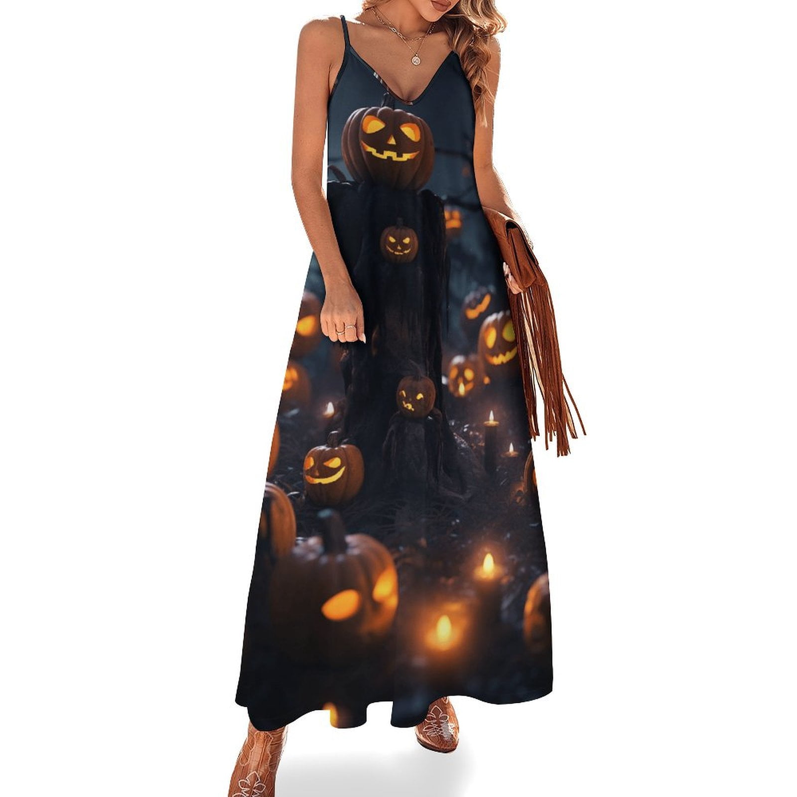 Halloween Scary Night Full Moon Sleeveless Dress Women's Luxury Party ...