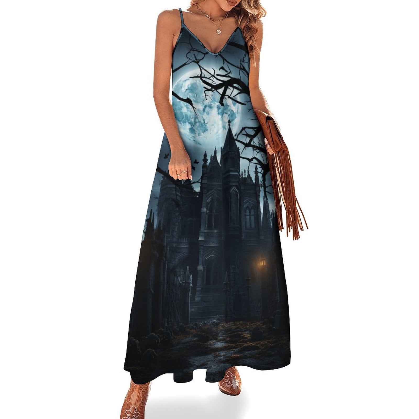 Halloween Scary Night Full Moon Sleeveless Dress Women's Luxury Party ...
