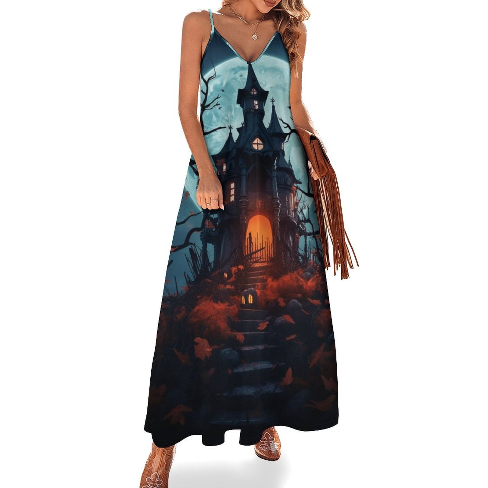 Halloween Scary Night Full Moon Sleeveless Dress Women's Luxury Party ...