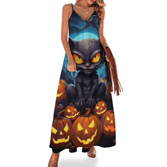 Halloween Scary Night Full Moon Sleeveless Dress for Women Clothing ...