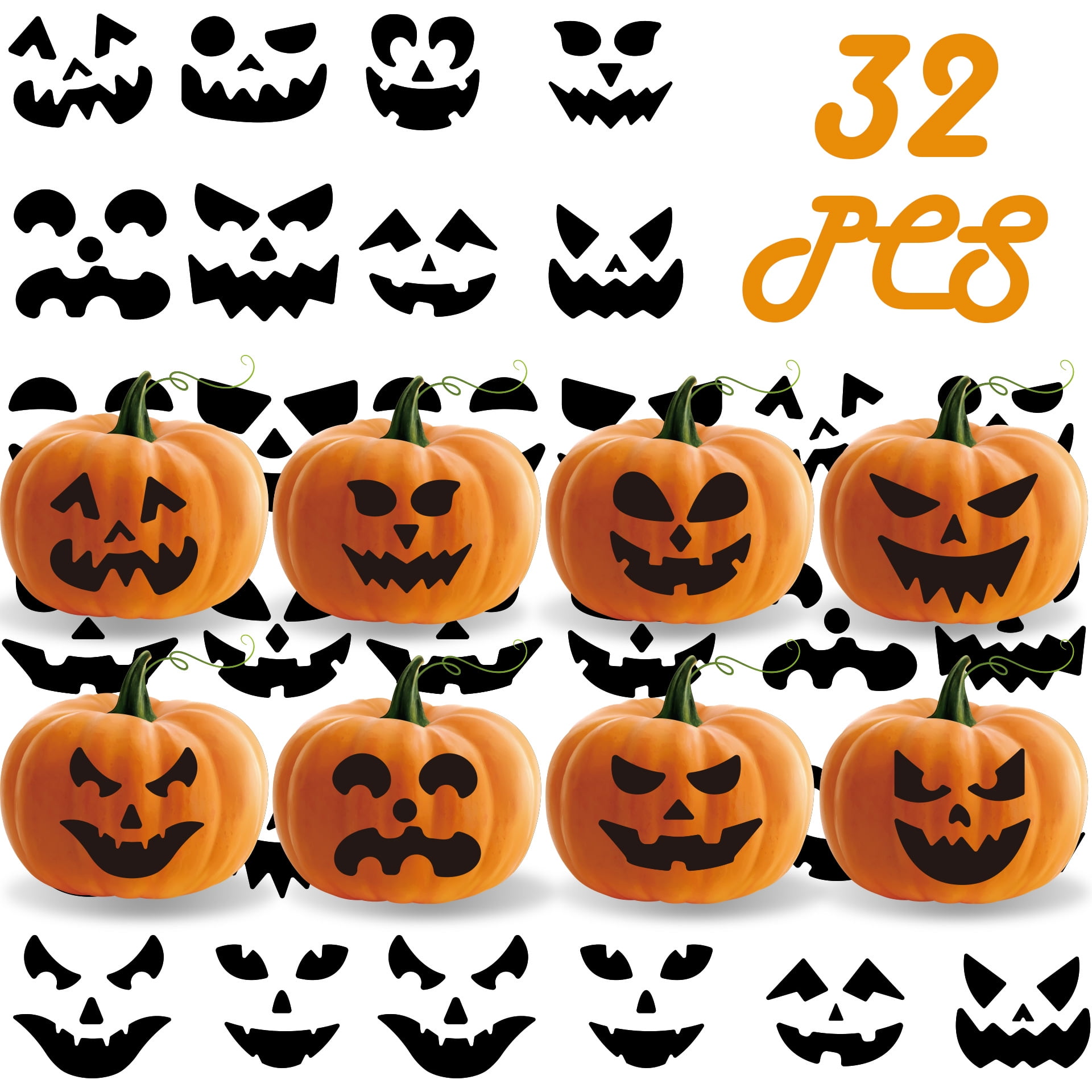 Halloween Scary Pumpkin Face Stickers - 8 Sheets of 32 DIY Adhesive ...