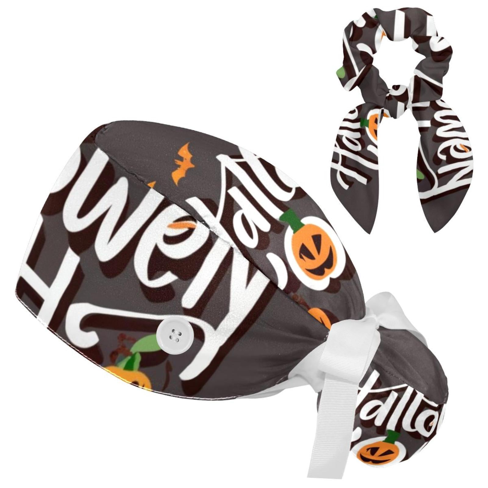 Halloween Scrub Cap with Scrunchy and Buttons for Long Hair, Adjustable ...