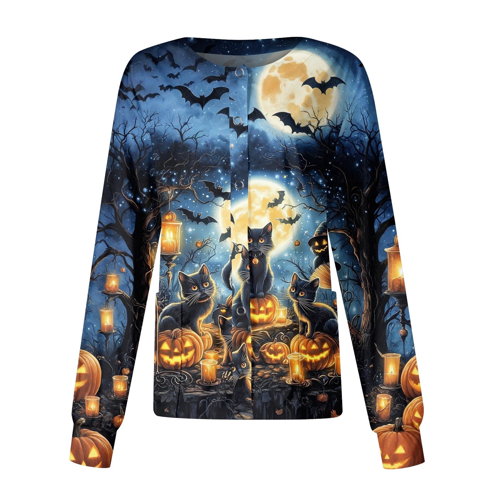 Halloween Scrub Jackets for Women Halloween Button Down Crewneck Long ...