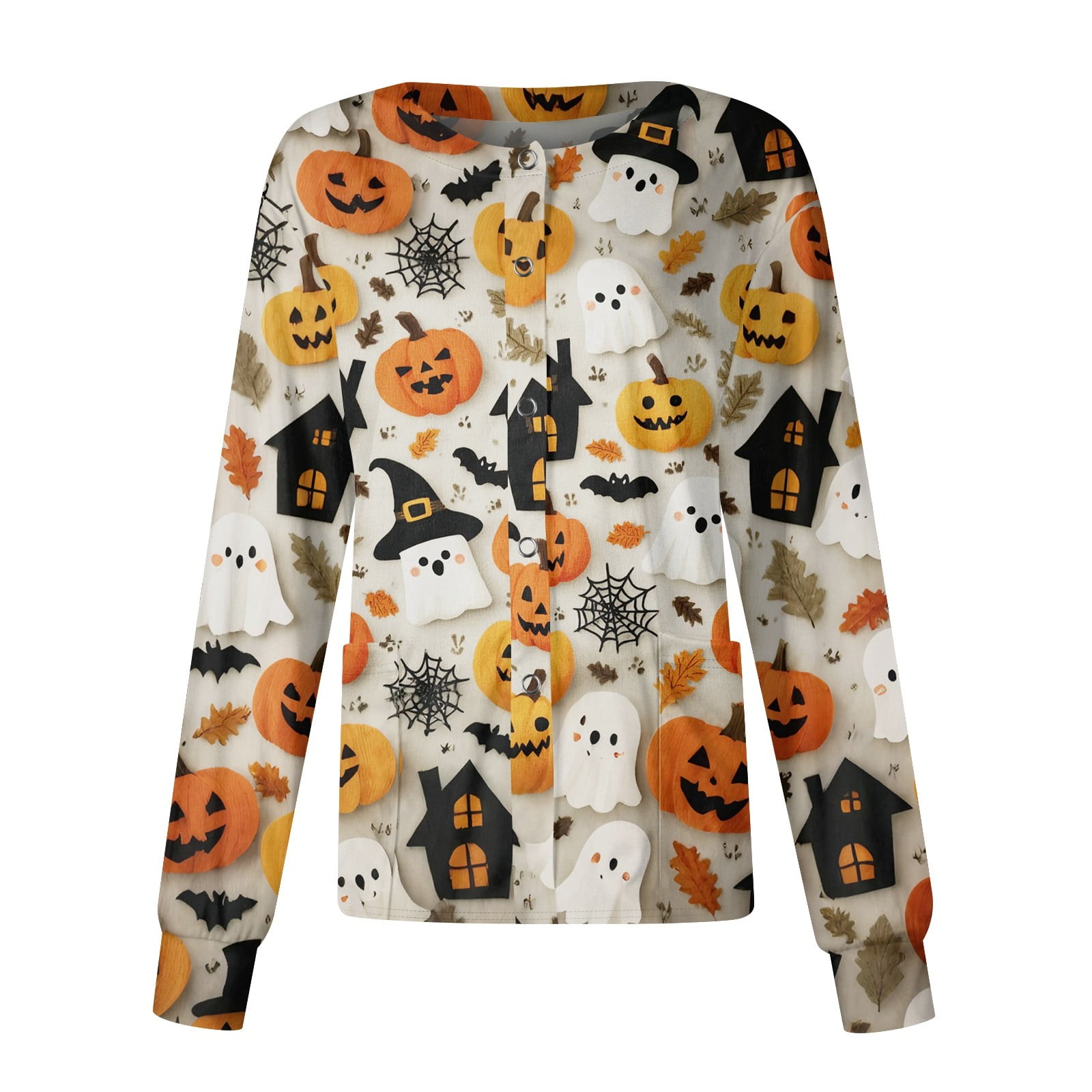 Halloween Scrub Jackets for Women Pumpkin Scrubs Pattern Long Sleeve ...