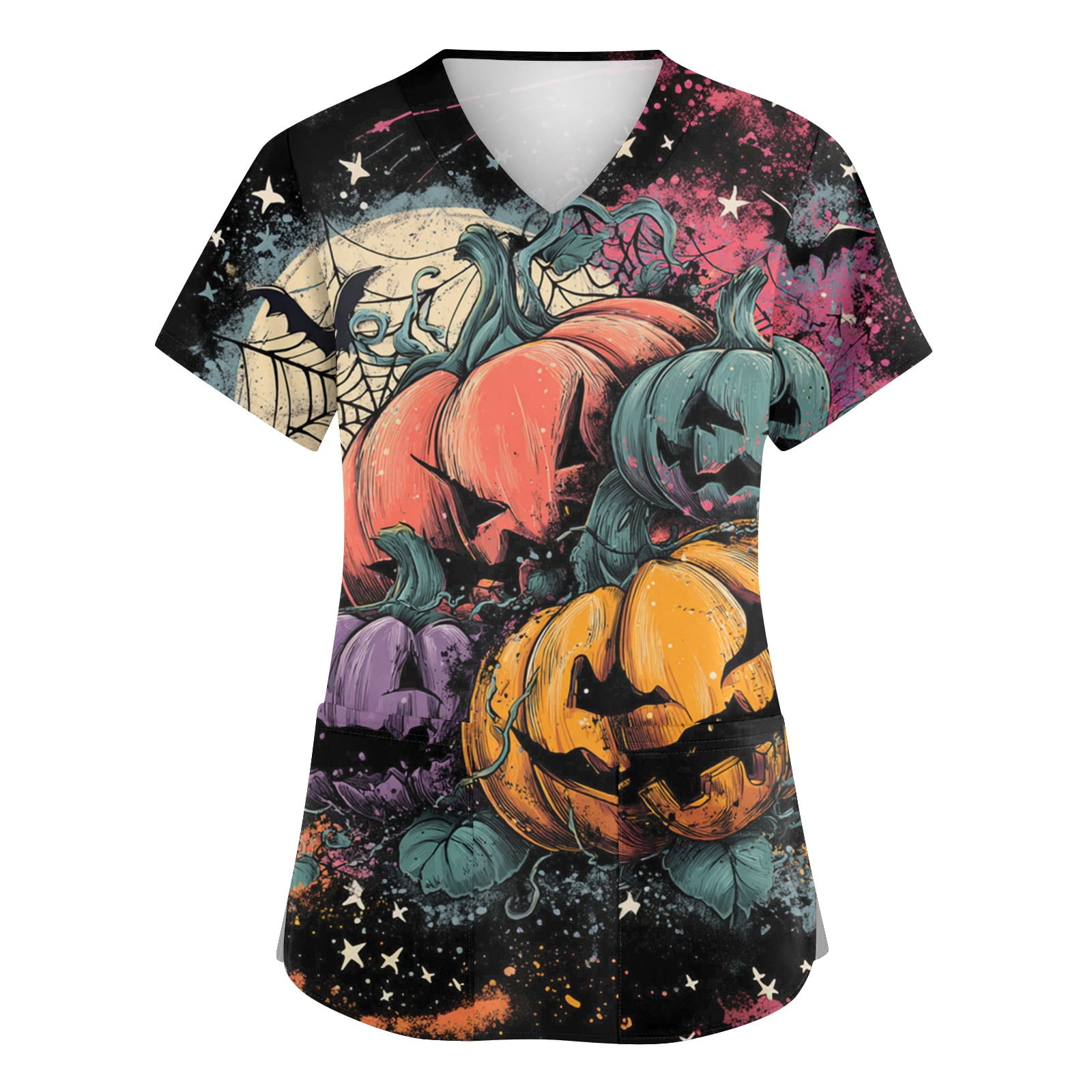 Halloween Scrub Tops Print V-Neck Short Sleeve for Women with Colorful ...