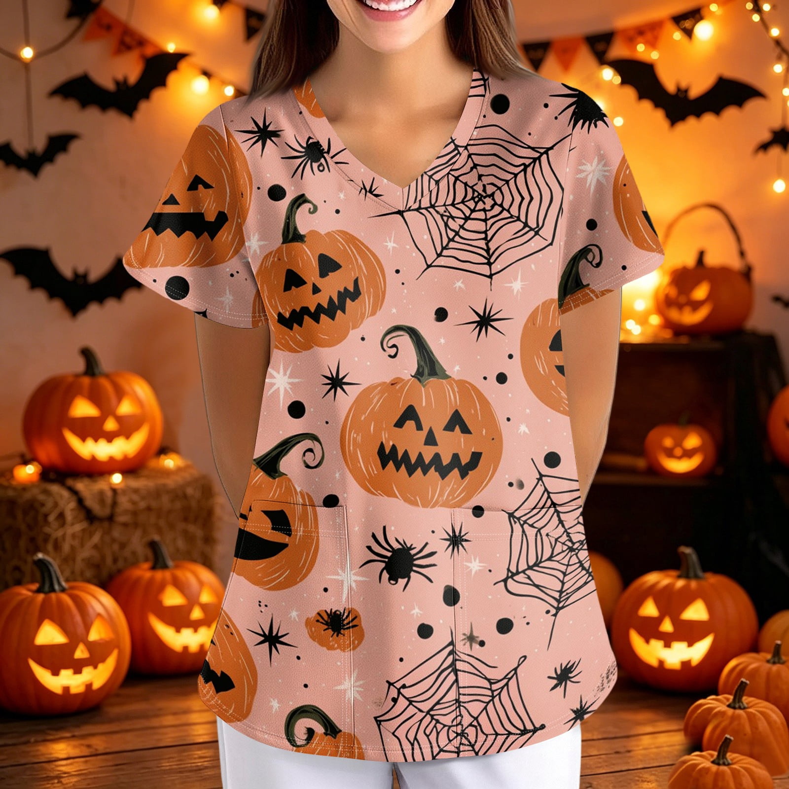 Halloween Scrub Tops Women Funny Spider Web Pumpkin Nurse Working ...