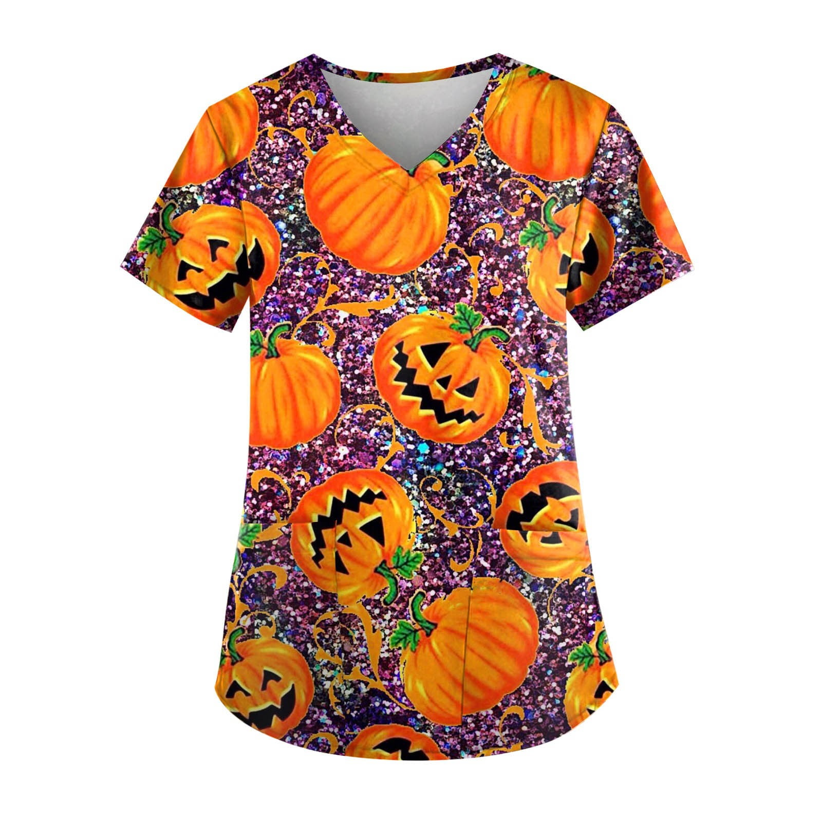 Halloween Scrub Tops Women Horror Bats, Ghosts Print V-Neck Short ...