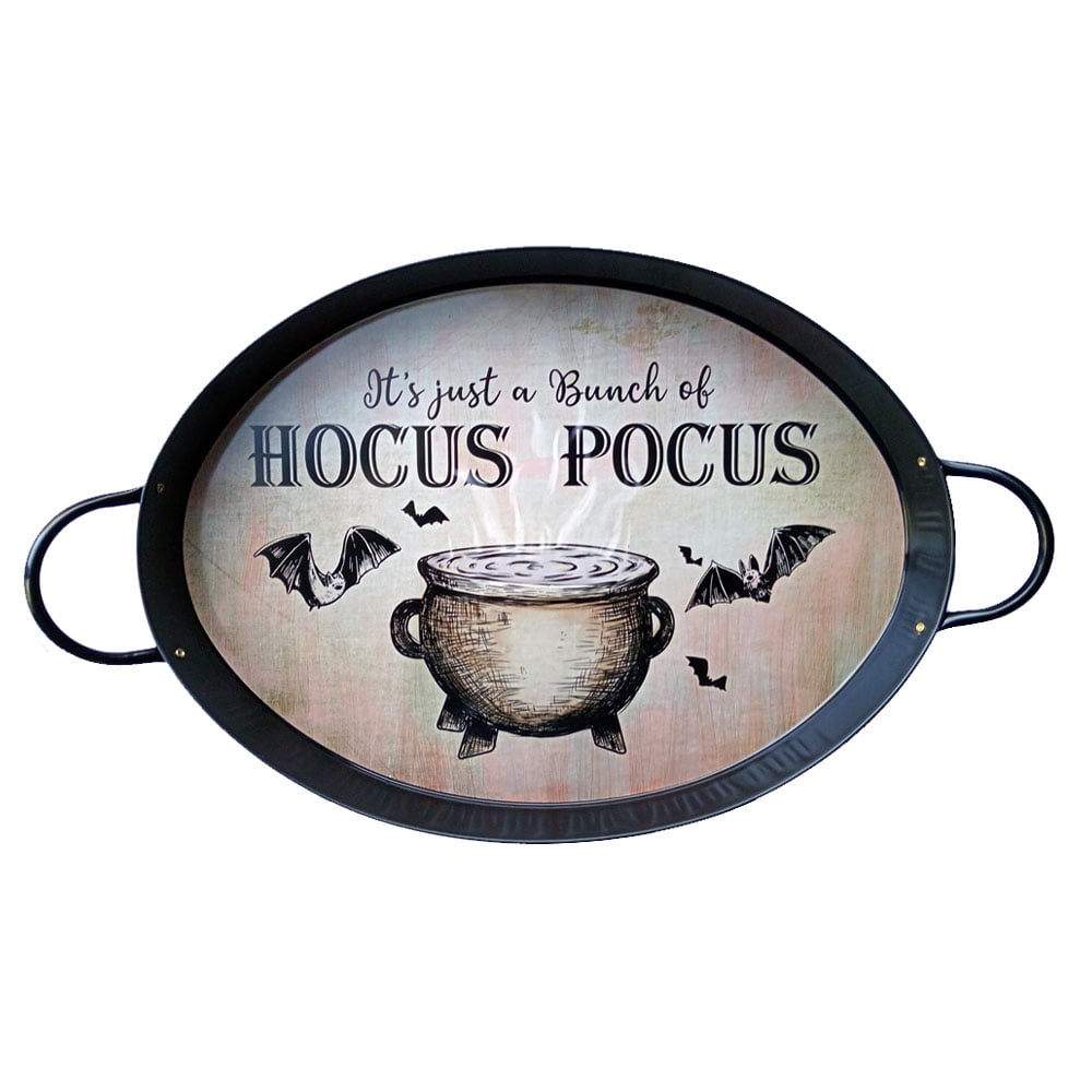 Halloween Serving Tray Platter Decor Tin Oval 15 in with Handles Hocus ...