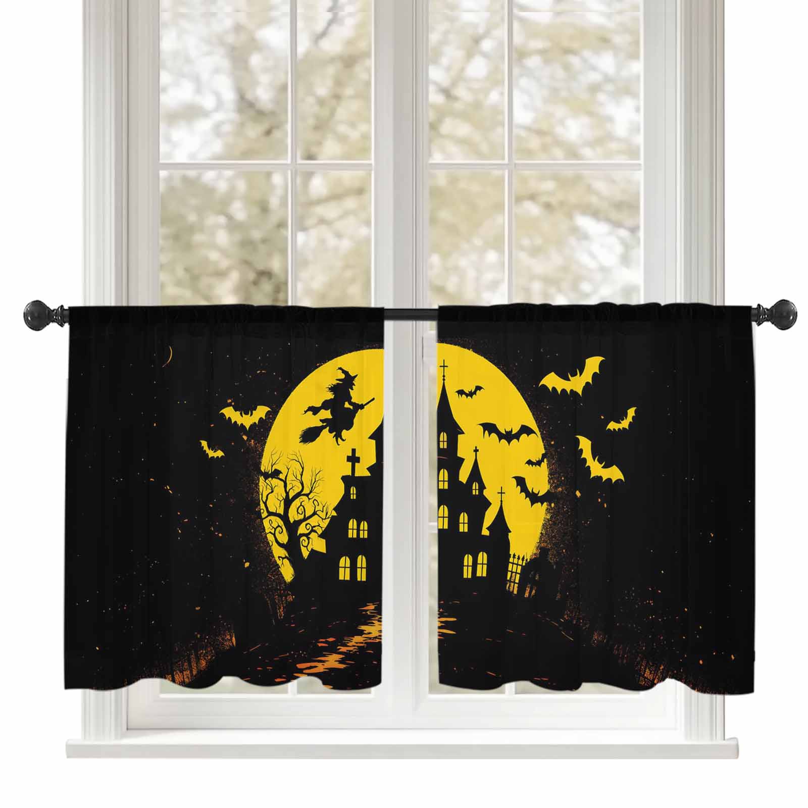 Halloween Sheer Curtains 45 inches Long, Moon Yellow Bat Horror House ...