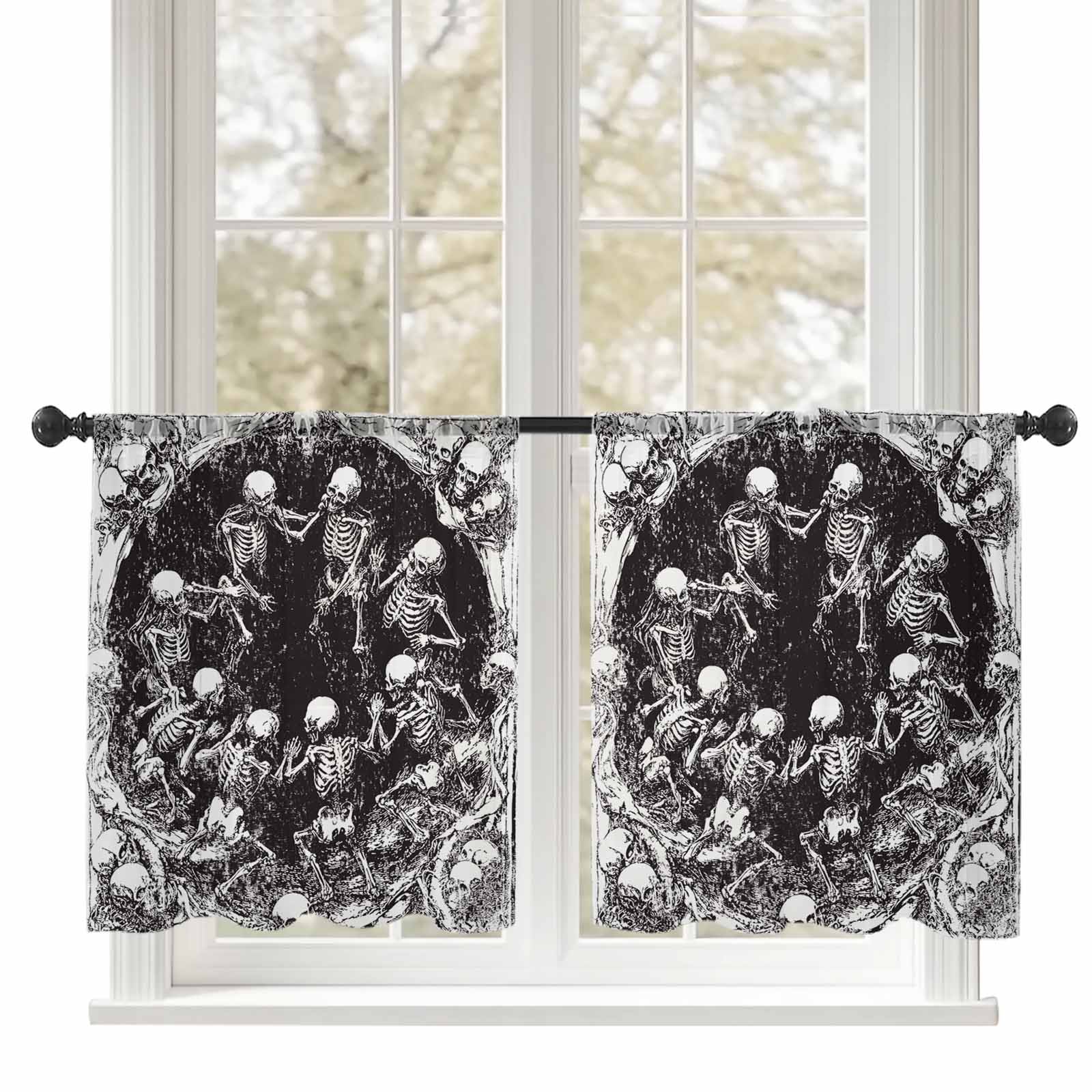 Halloween Sheer Curtains 45 inches Long, Skull Horror White Skeleton ...