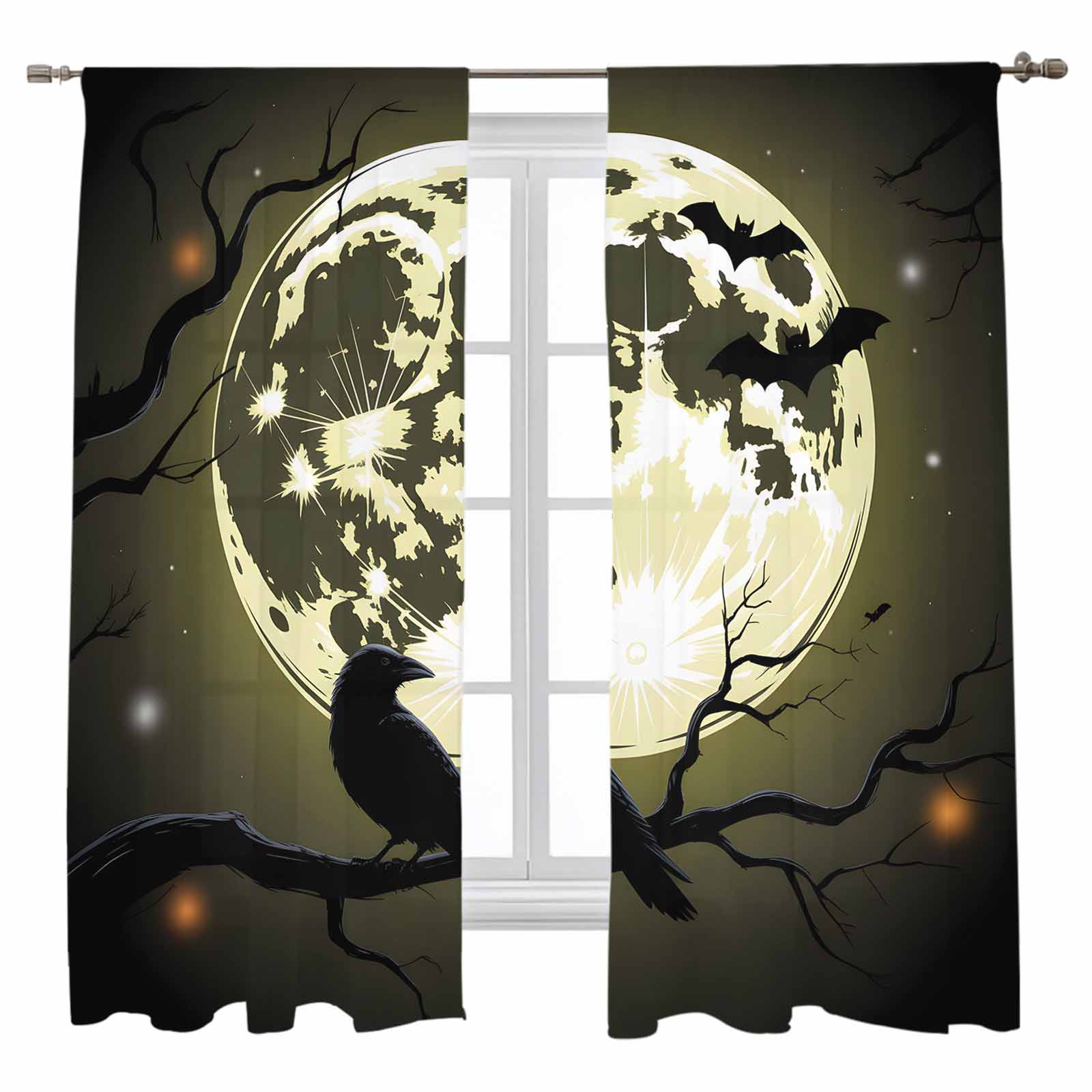 Halloween Sheer Curtains 72 inches Long, Crow Moon Branch Silhouette ...