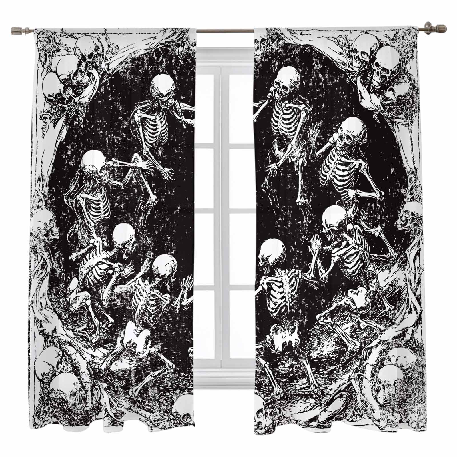 Halloween Sheer Curtains 72 inches Long, Skull Horror White Skeleton ...