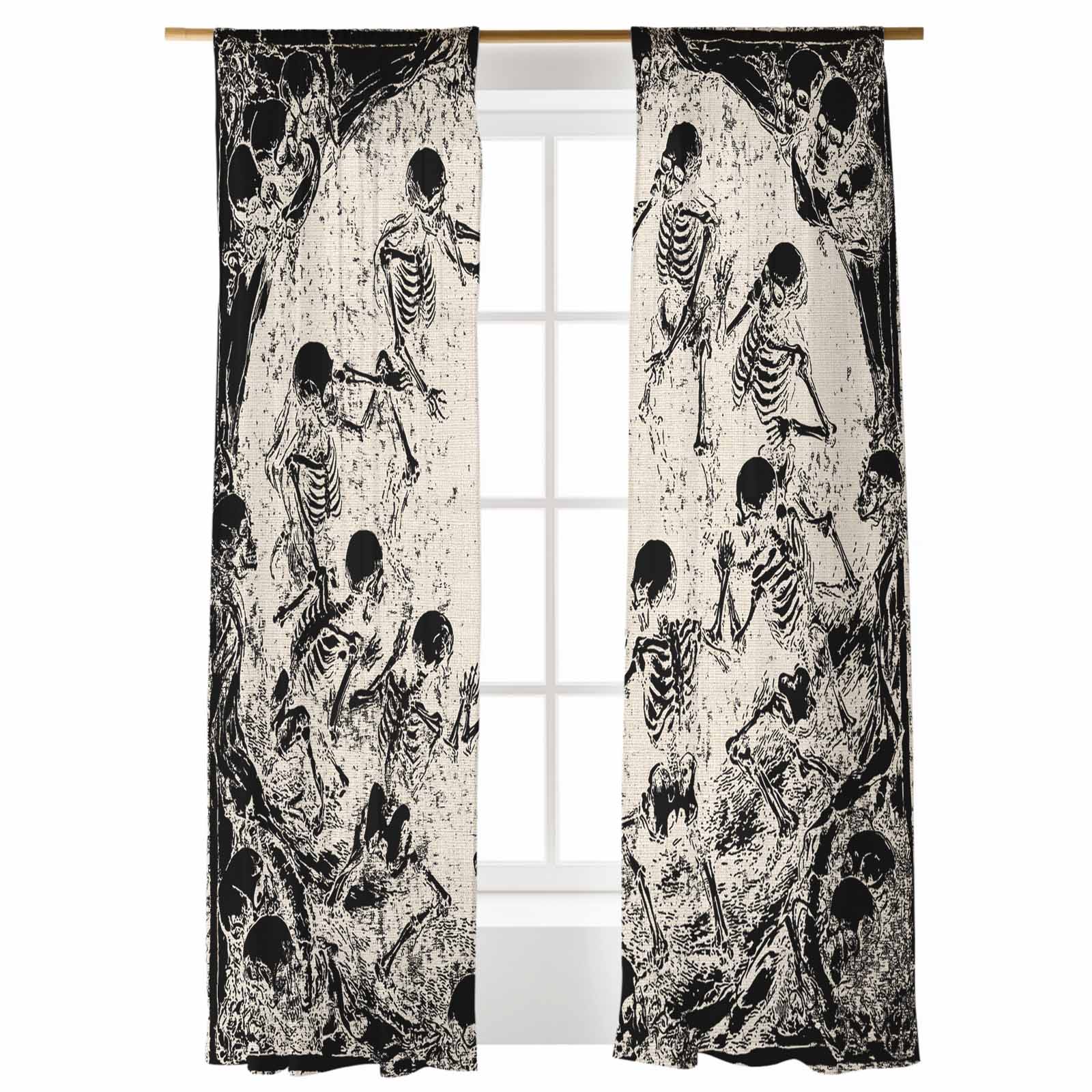 Halloween Sheer Curtains 84 inches Long, Skull Horror Black Skeleton ...