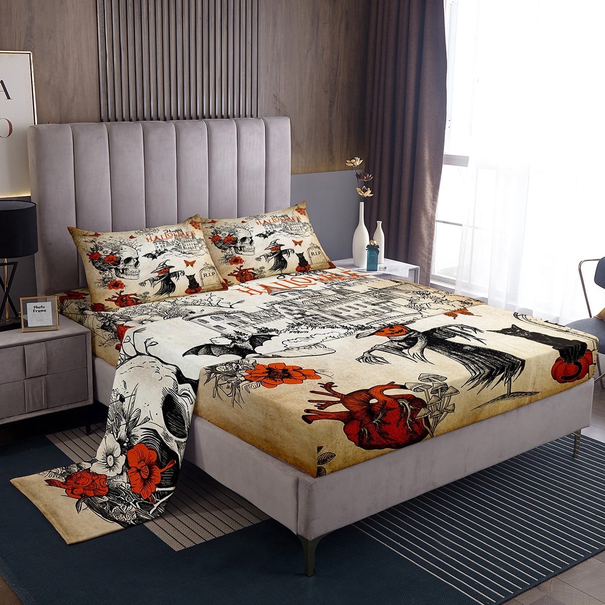 Halloween Sheets Skeleton Skulls Black Cat Decor Bed Sheets Set ...
