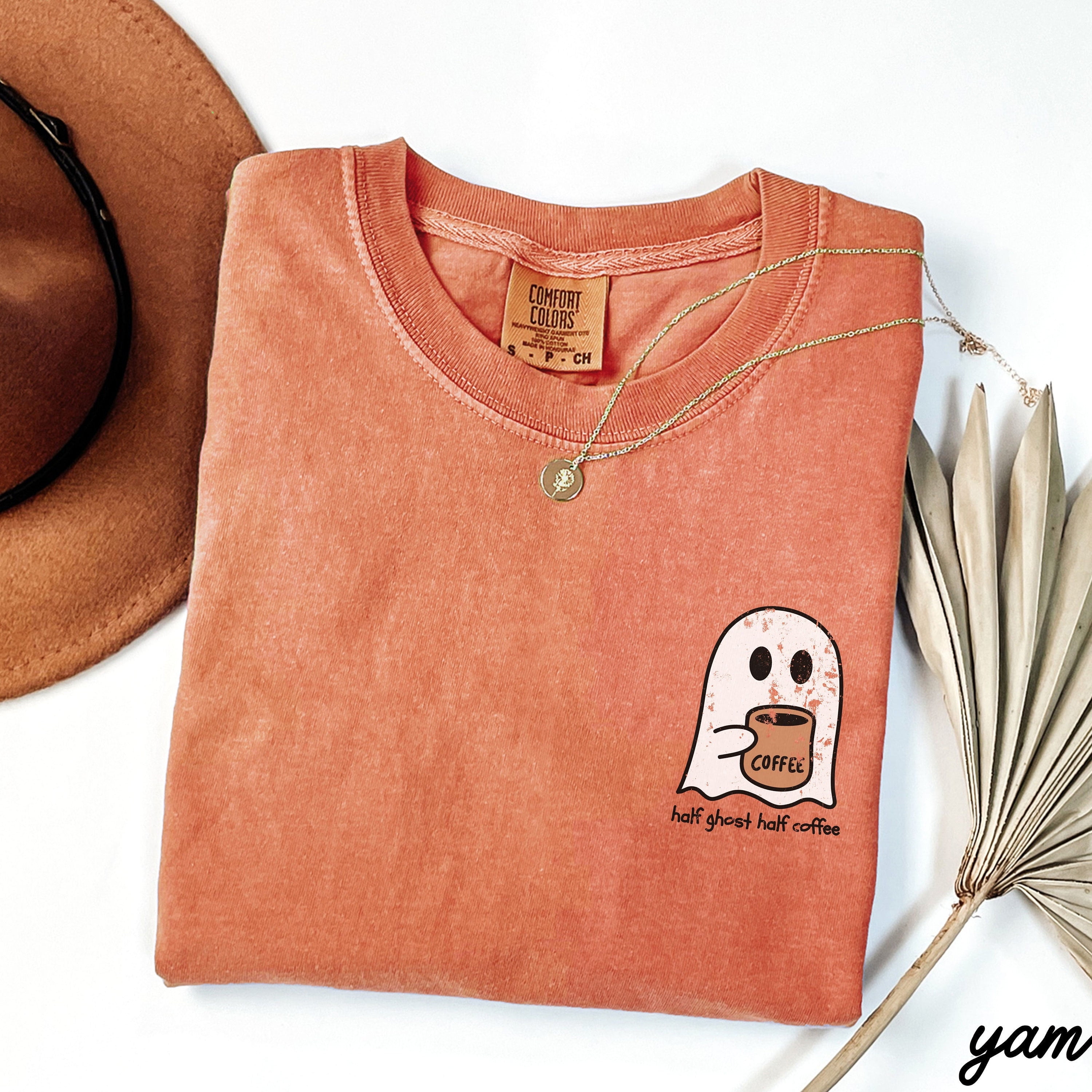 Halloween Shirt Retro Half Coffee Half Ghost Pocket Tee, Cute Spooky ...