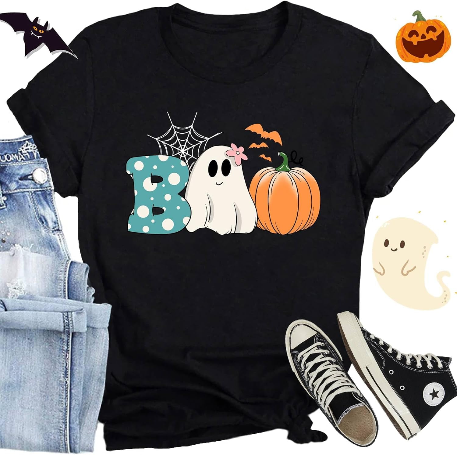 Halloween Shirt Women Cute Ghost Pumpkin T-Shirt Funny Halloween Boo ...