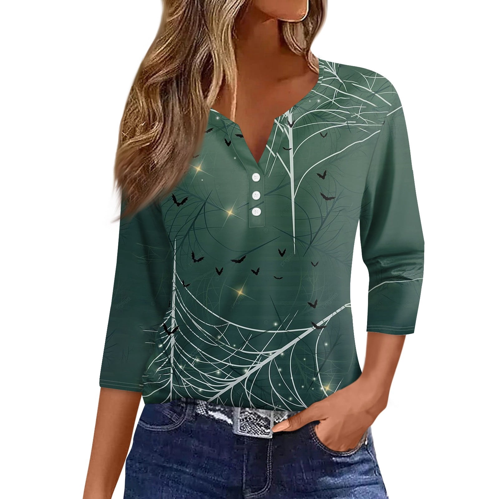 Halloween Shirts for Women Pumpkin Bats Print Blouse 3/4 Length Sleeve ...