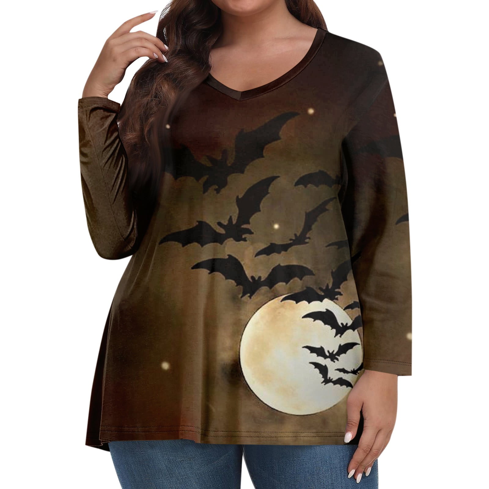 Halloween Shirts For Women Trendy Plus Size Pumpkin Bats Graphic Tunic