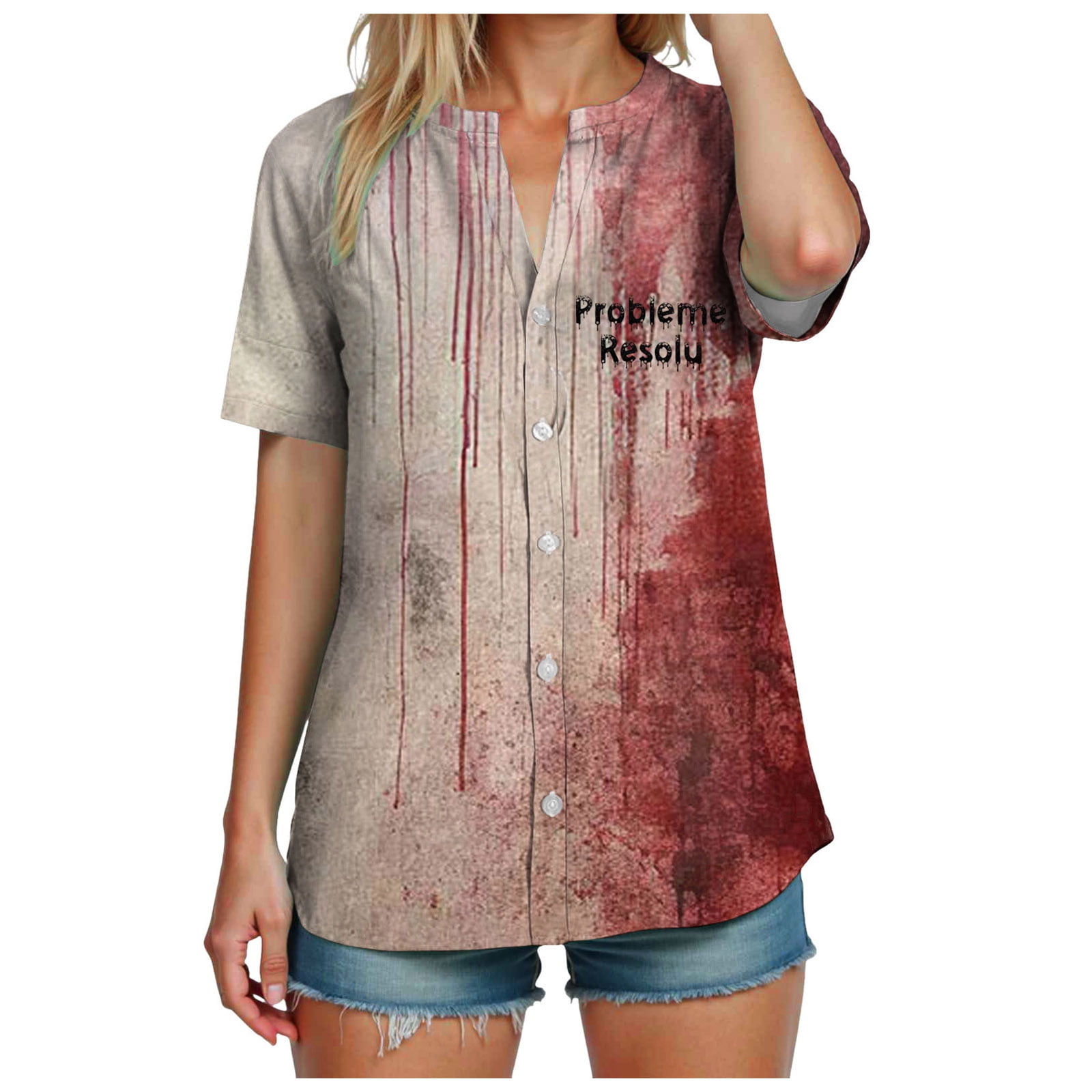 Halloween Shirts for Women 2025 Hawaiian Shirt Funny Blood Stain Terror Short Sleeve Button Up T ...