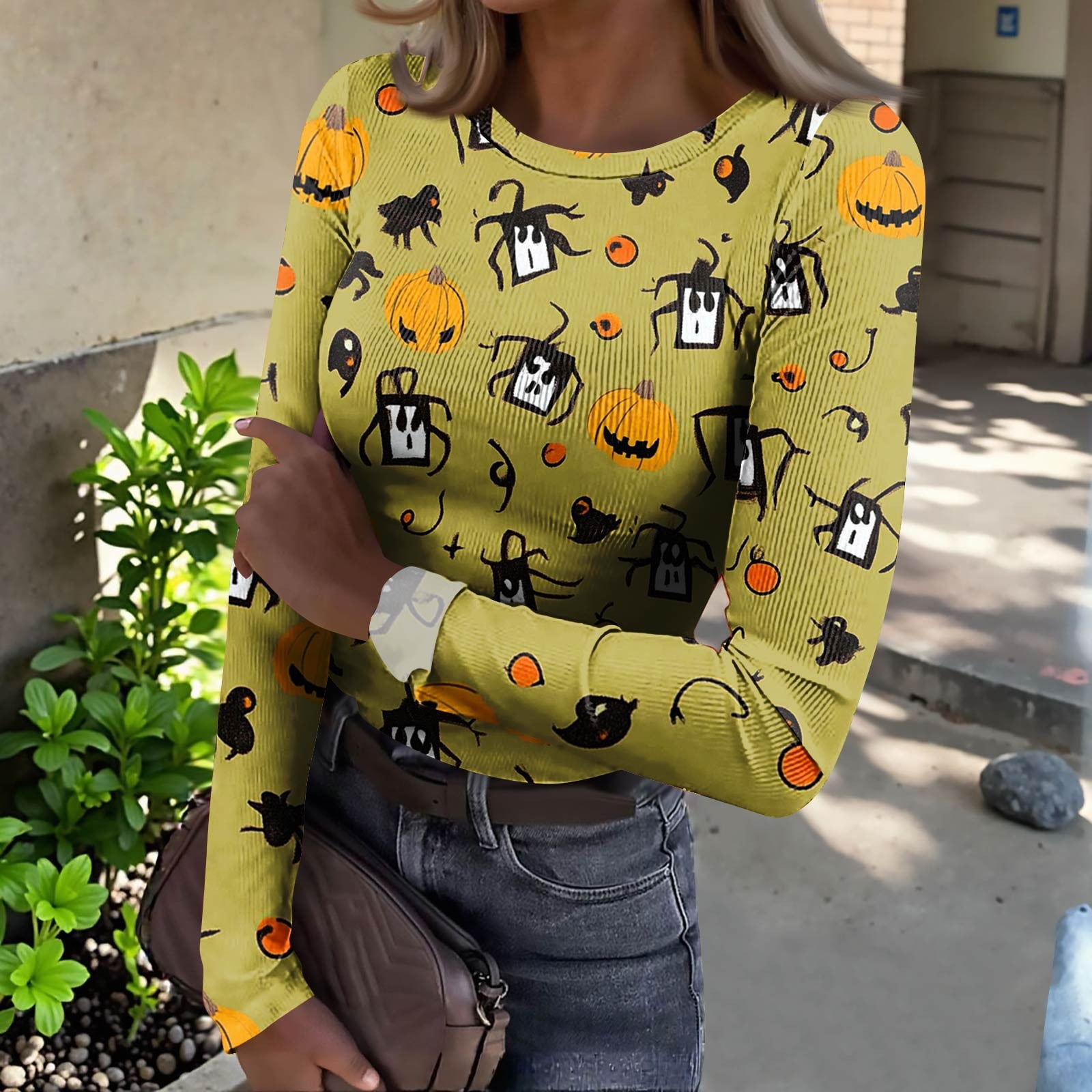 Halloween Shirts for Women Rib Knit Tops Stretch Crew Neck Ribbed Long ...