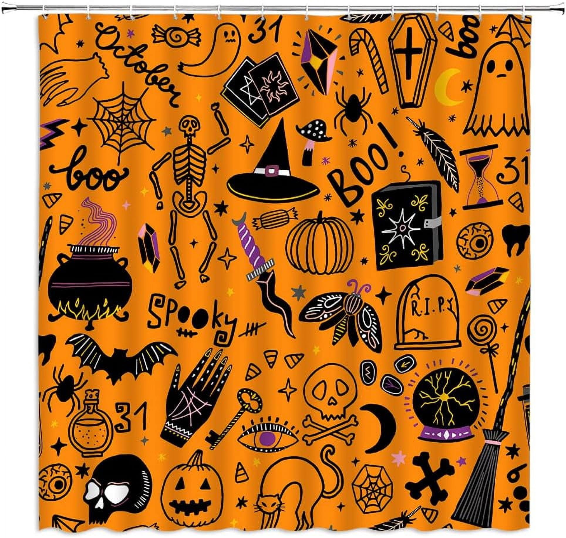 Halloween Shower Curtain Black Alchemy Skull Skeleton Ghost Pumpkin ...