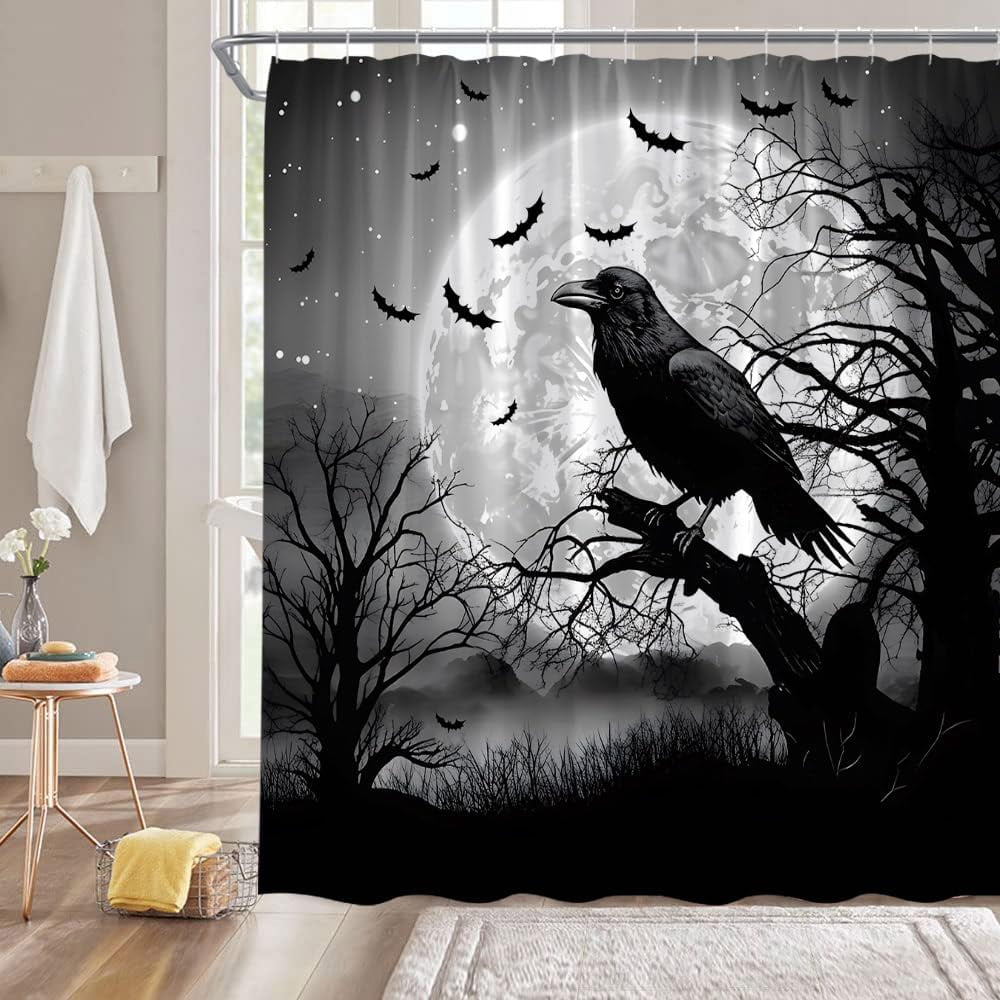 Halloween Shower Curtain Black Crow Bats in Creepy Full Moon Night ...