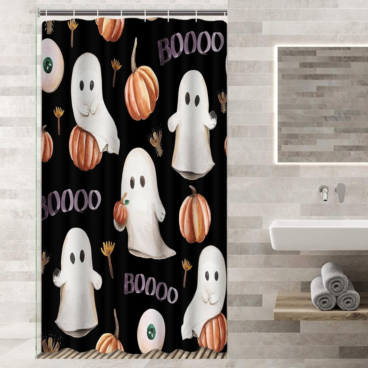Halloween Shower Curtain, Black Cute Ghost Orange Pumpkins Bath Curtain ...
