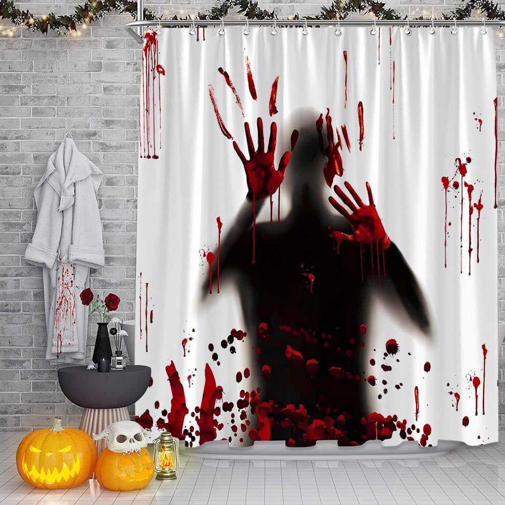 Halloween Shower Curtain Bloody Hands Scary Ghost Shadow Red Blood ...