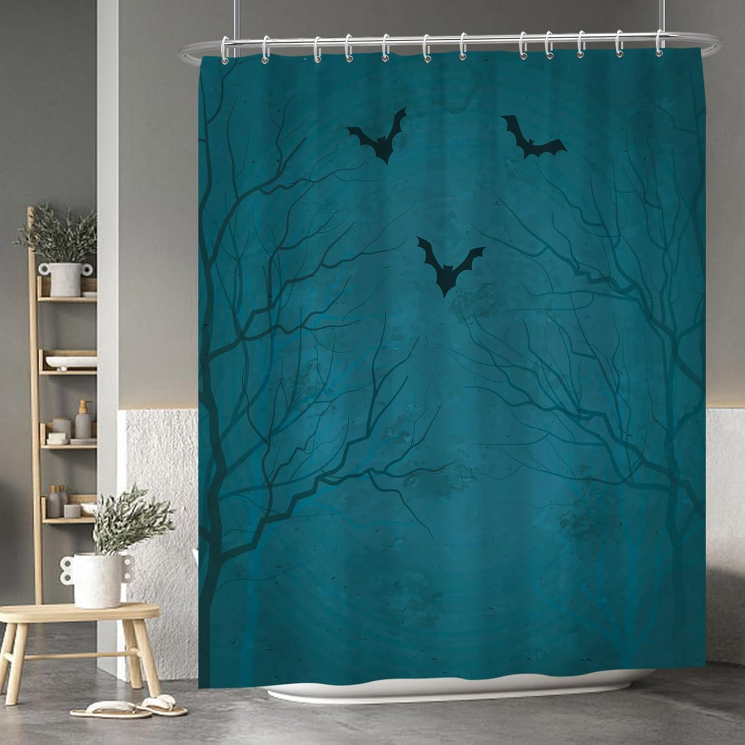 Halloween Shower Curtain Blue Spooky Forest Horror Bats Gothic Creepy ...