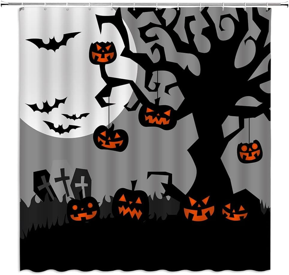 Halloween Shower Curtain Funny Skeleton Spooky Pumpkin Retro Farm Truck ...