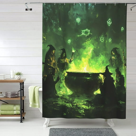 Halloween Shower Curtain, Halloween Green Forest Witch Halloween Decor ...