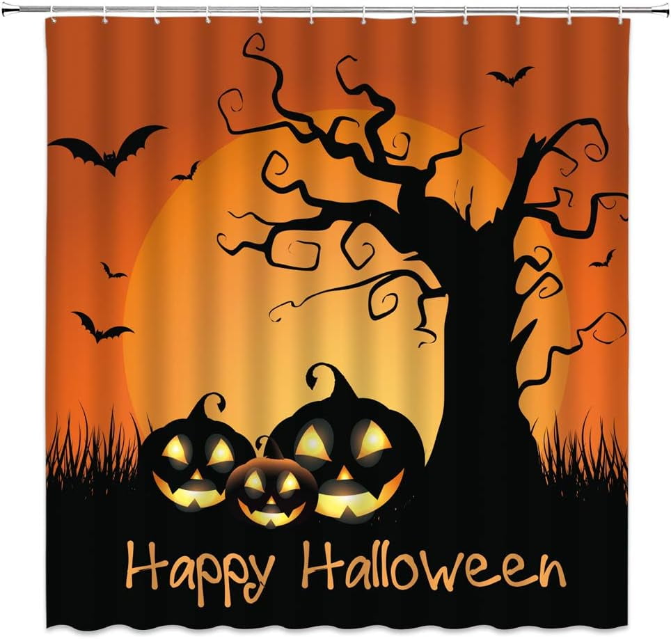 Halloween Shower Curtain Horror Pumpkin Ghost Black Dead Tree Full Moon ...
