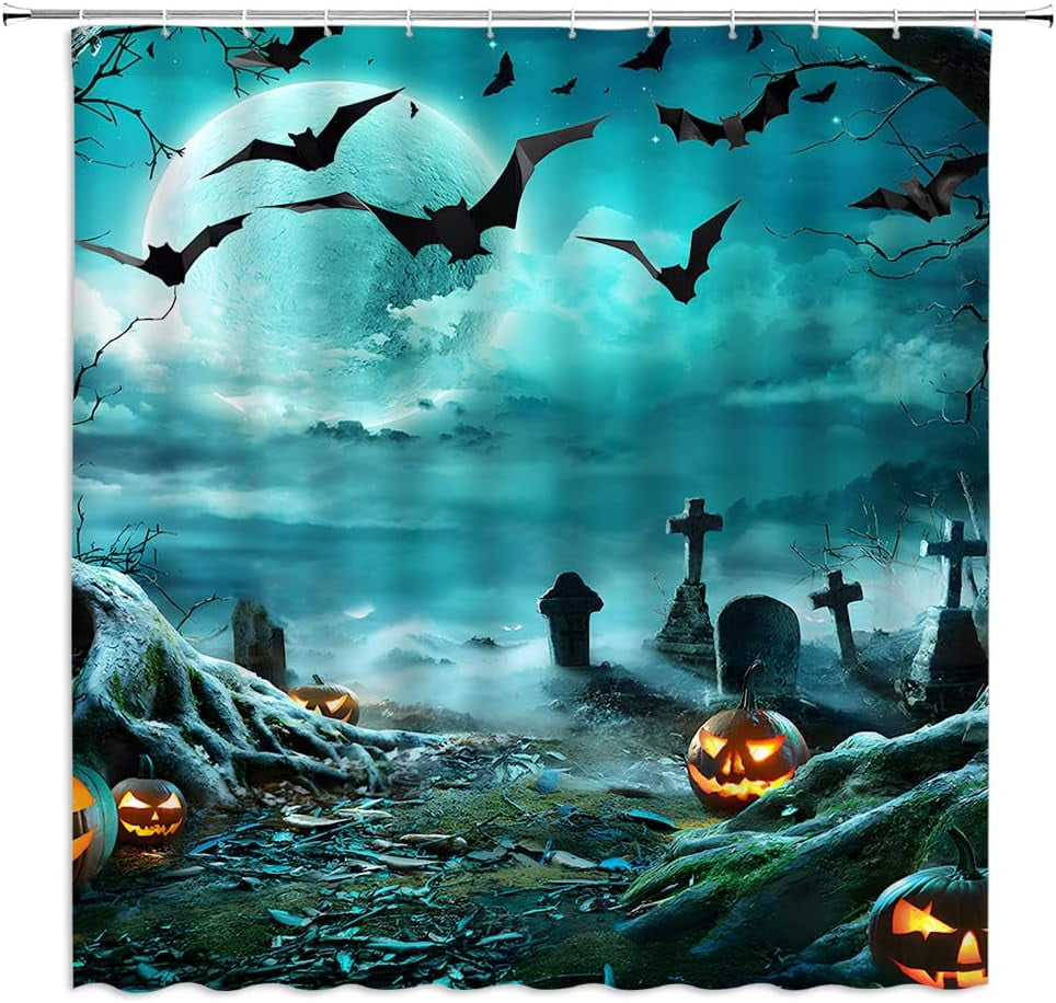 Halloween Shower Curtain Horror Pumpkin Lantern Headstone Bat Full Moon ...