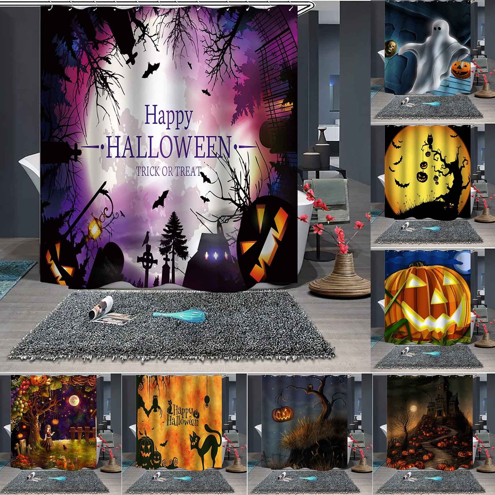 Halloween Shower Curtain Scary Haunted House Evil Pumpkin Shower ...