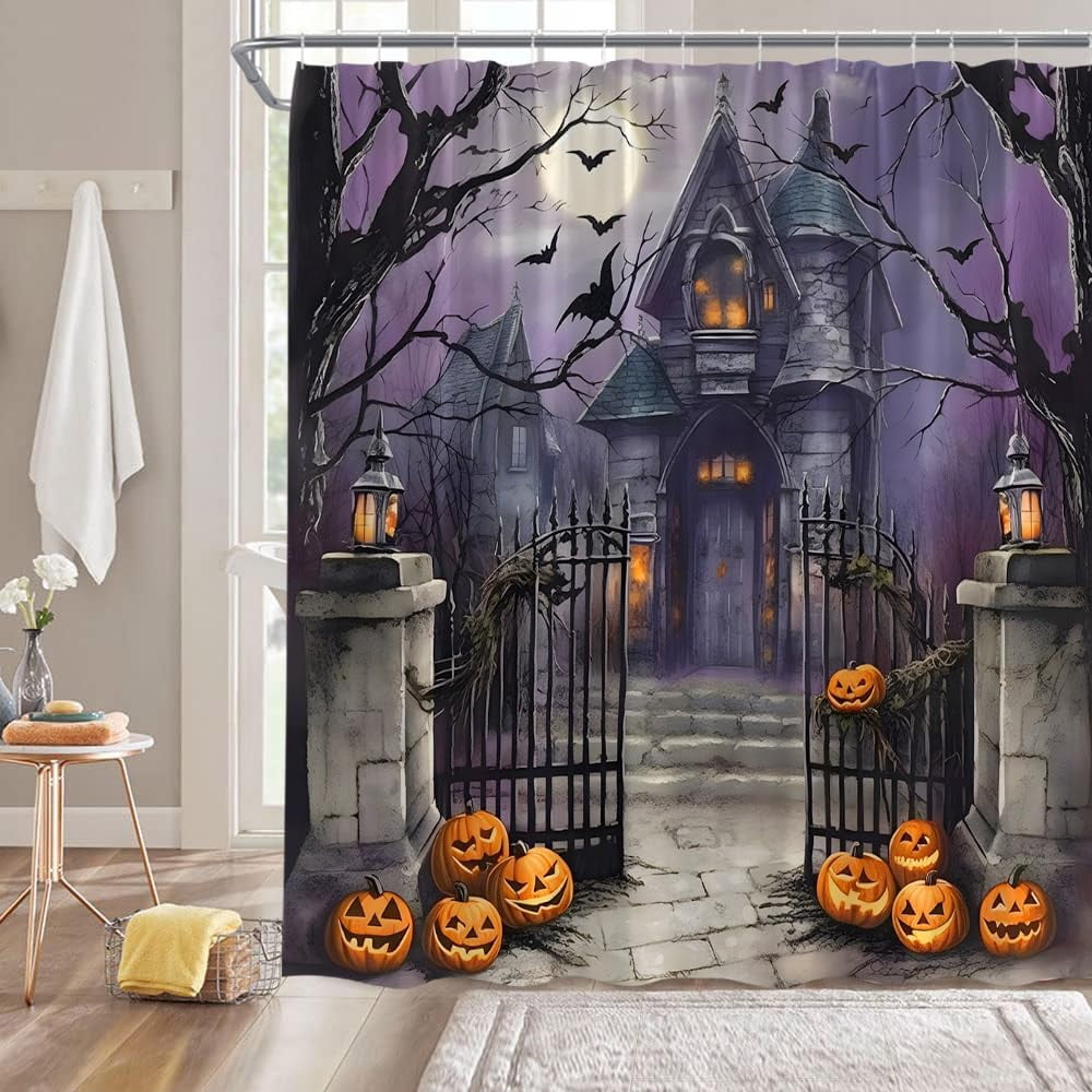 Halloween Shower Curtain Scary Night Full Moon Black Dead Tree Gothic ...