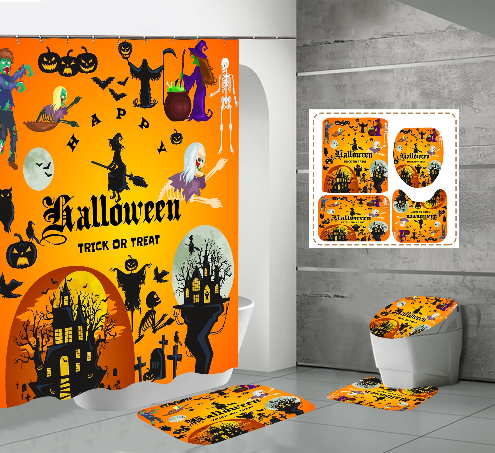 Halloween Shower Curtain Set Decor For Bathroom Fun Cute Pumpkin
