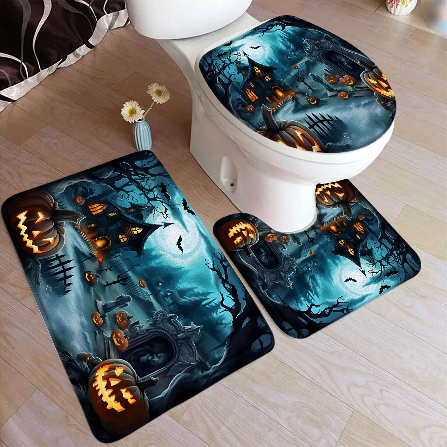 Halloween Shower Curtain Set Forest Pumpkin Dead Trees Tombst Horror ...