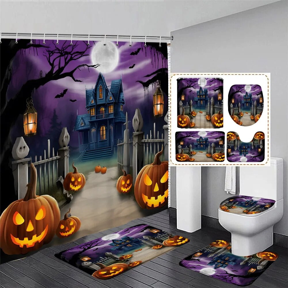 Halloween Shower Curtain Set Forest Pumpkin Dead Trees Tombstone Horror