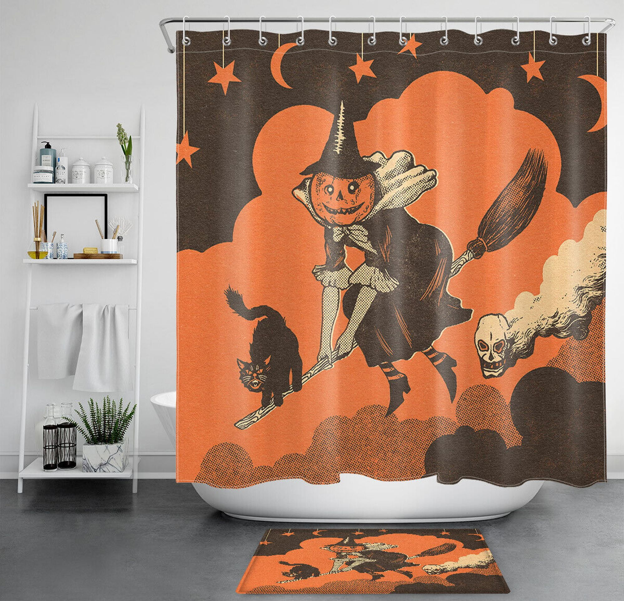 Halloween Shower Curtain Set With Witch Ghost Black Cat And Pumpkin